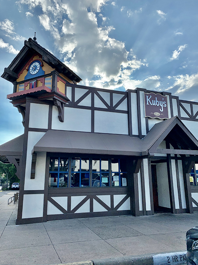 The Tudor-style facade of Kuby's stands like a Bavarian time machine in Dallas, complete with a charming clock tower that seems to whisper "time for schnitzel!"