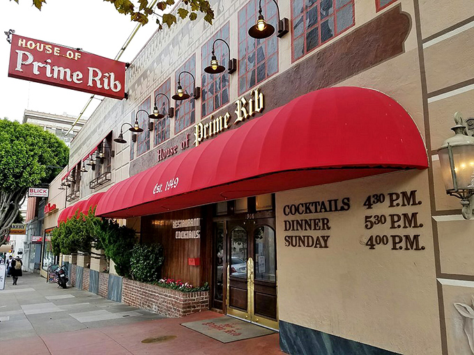 The iconic red awning of House of Prime Rib stands as a beacon to meat lovers, promising a timeless San Francisco dining experience since 1949.