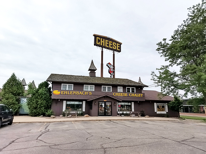 The Swiss chalet architecture isn't just for show—it's a promise of the alpine cheese treasures waiting inside this roadside dairy paradise.