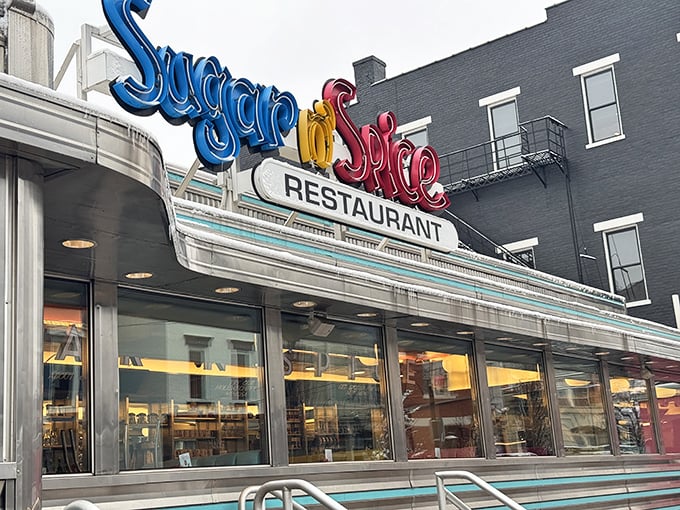 That iconic neon sign beckons like a beacon of breakfast hope. Sugar n' Spice's OTR location brings retro charm to Cincinnati's urban landscape.