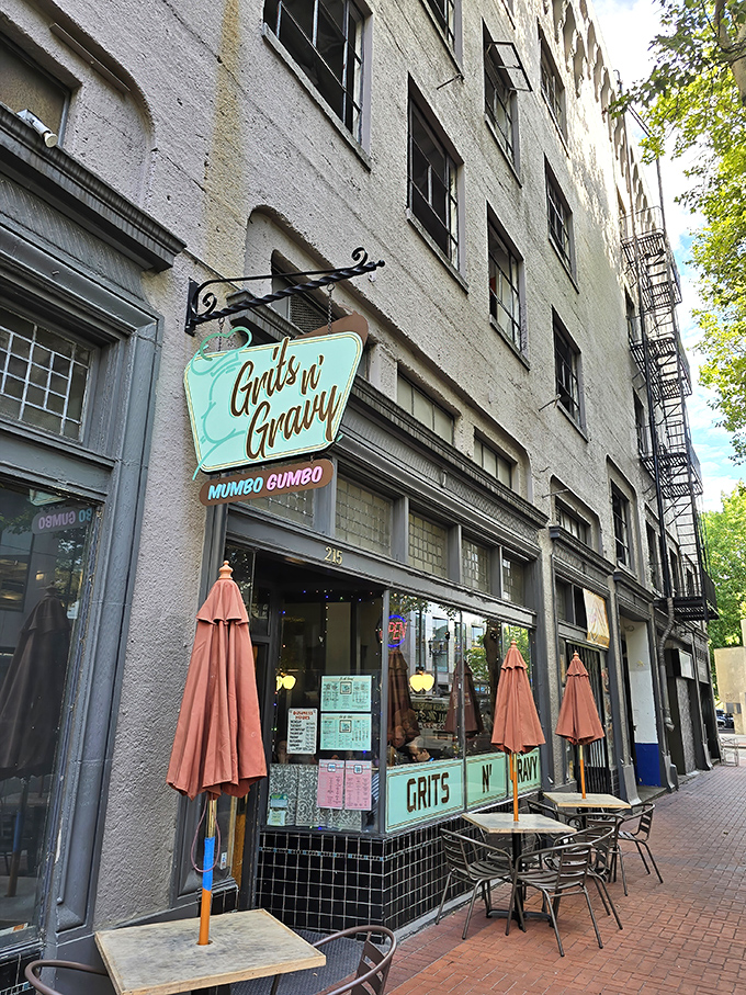 The mint-green storefront of Grits N' Gravy beckons like a Southern siren song in the heart of Portland. Brick sidewalks and outdoor seating complete this urban comfort food oasis.