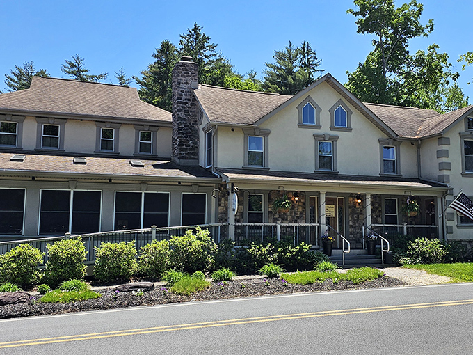 The stately exterior of The Frogtown Chophouse stands like a welcoming country manor, promising culinary treasures within its cream-colored walls.
