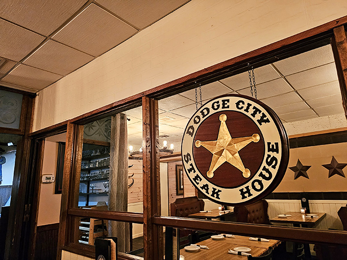 The Western frontier meets Pennsylvania hospitality at Dodge City Steakhouse's inviting exterior. That star logo isn't just for show&mdash;it's practically a beacon for hungry travelers.
