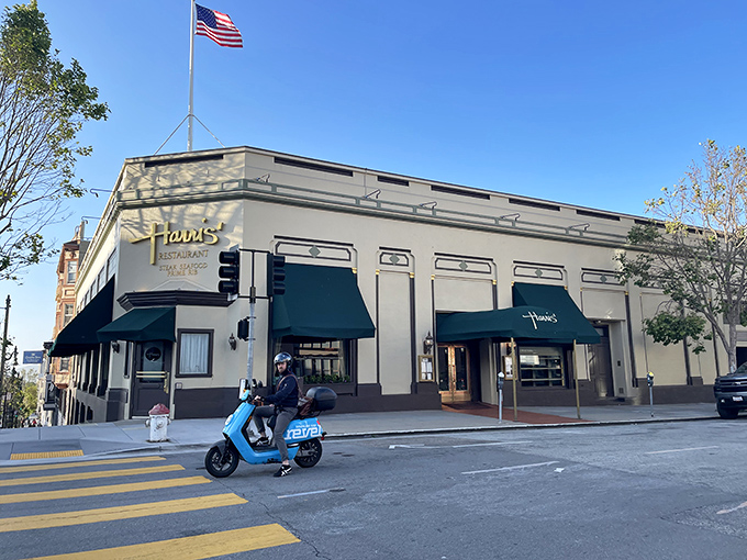 Harris' Restaurant stands like a distinguished gentleman on Van Ness Avenue, complete with patriotic flag and timeless charm.