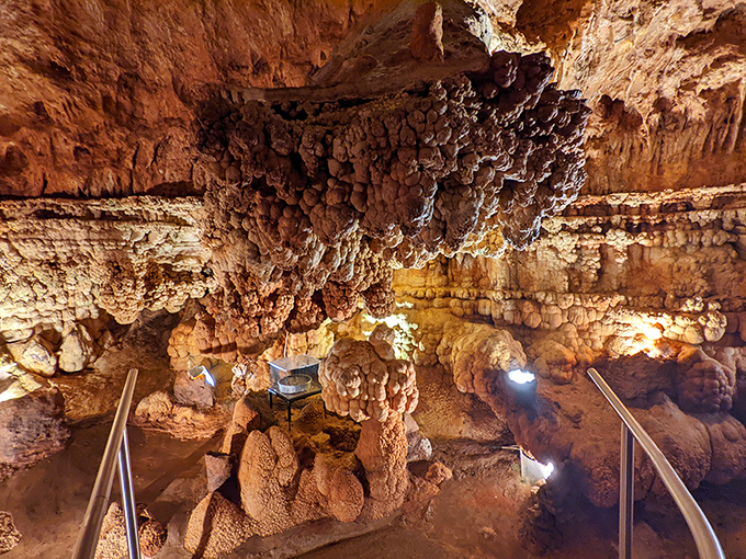 Nature's own cathedral ceiling, complete with limestone chandeliers that took millions of years to install. Mother Earth's patience puts our renovation timelines to shame.