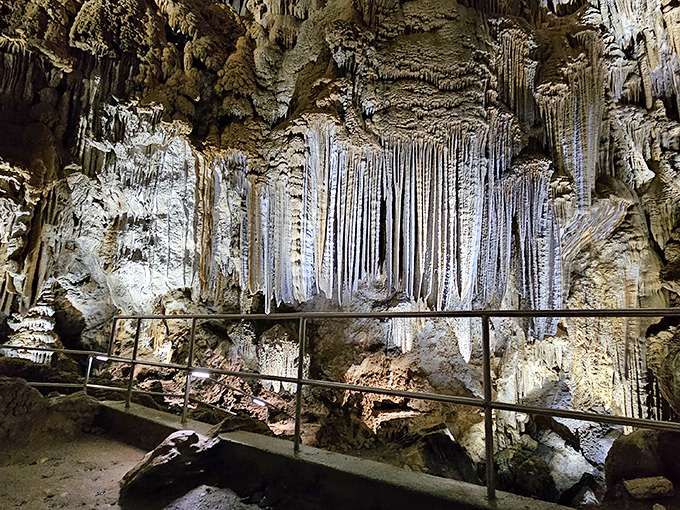 Nature's own chandelier display! These delicate stalactites hang like frozen waterfalls, creating a limestone forest that's been growing one drop at a time for millennia.