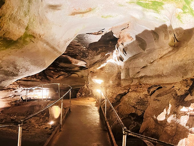 Nature's own cathedral awaits below ground. The dramatic lighting transforms ancient alabaster formations into a subterranean art gallery millions of years in the making.