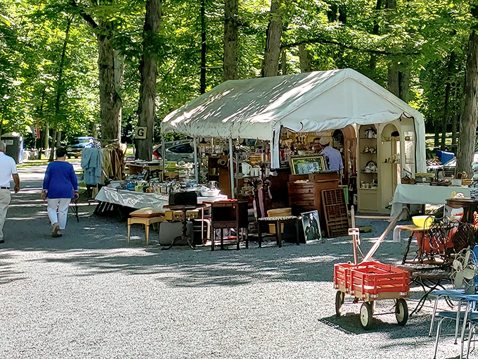 White tents nestled among towering trees create nature's perfect shopping mall. Treasure hunting feels more like an expedition when gravel crunches underfoot.