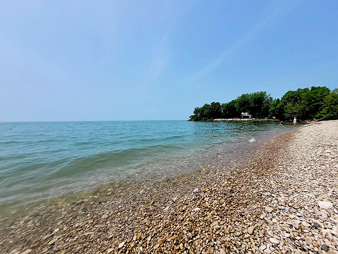 Lake Erie unfolds its blue canvas at Catawba Island State Park, where the pebble beach meets crystal-clear waters in a perfect Ohio postcard moment.