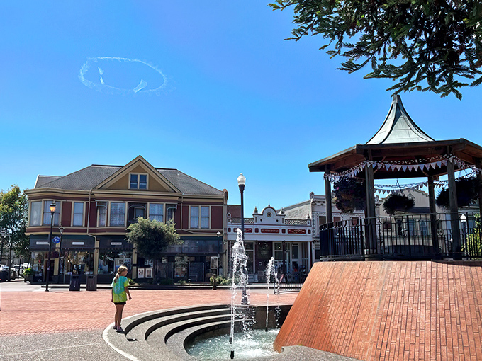 The misty morning streets of Eureka's Old Town, where Victorian buildings wait patiently for the fog to lift and reveal their ornate details.