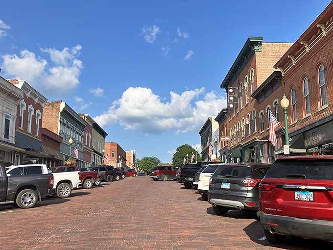 Brick streets that click beneath your tires—Mount Carroll's main thoroughfare feels like driving through a Norman Rockwell painting come to life.