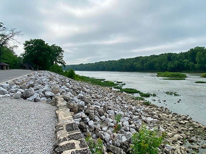 Mother Nature's perfect postcard: The dam creates a gentle cascade across the Maumee River, while a motorcycle stands ready for the next scenic bend in the road.