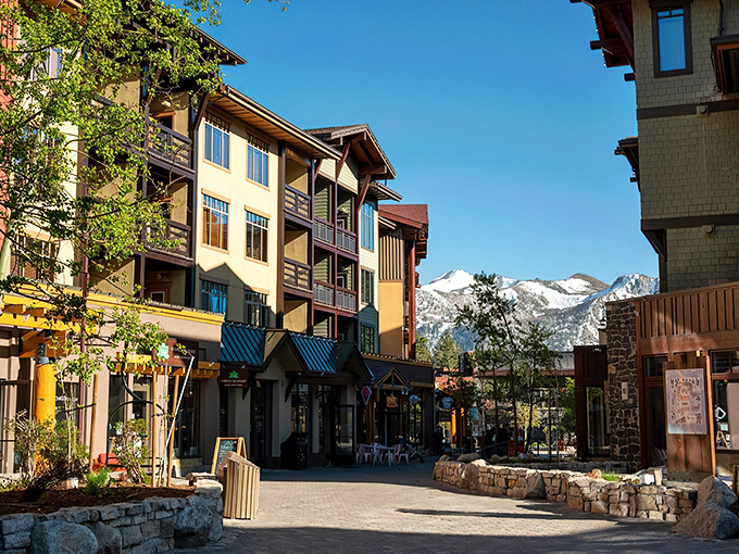 Main Street magic: Mammoth Lakes' downtown looks like a movie set with those majestic Sierra peaks playing backdrop to colorful storefronts and autumn-painted trees.