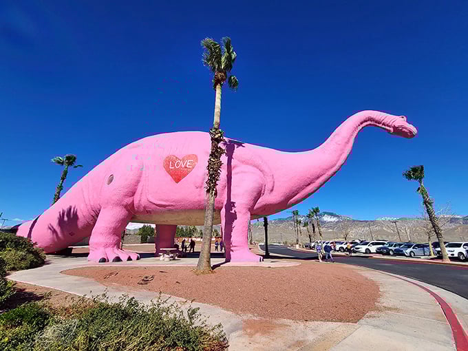 The ultimate desert mirage! Dinny the Apatosaurus and Mr. Rex stand guard over Interstate 10, welcoming weary travelers to their prehistoric playground.