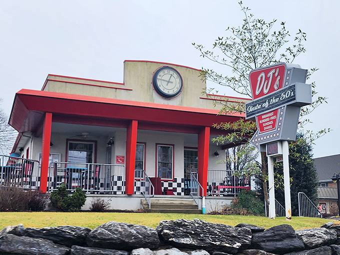 The classic red-roofed exterior of DJ's Taste of the 50's stands like a time machine in Lancaster, beckoning hungry travelers with its vintage charm and nostalgic signage.