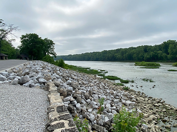 Mother Nature's perfect postcard: The dam creates a gentle cascade across the Maumee River, while a motorcycle stands ready for the next scenic bend in the road.