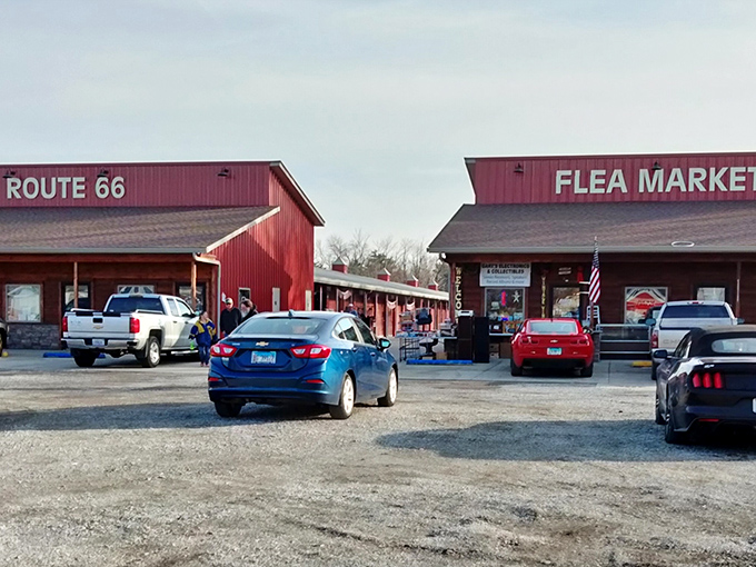 The iconic red barns of Route 66 Flea Market stand like sentinels of nostalgia in Granite City, beckoning treasure hunters with their rustic charm.