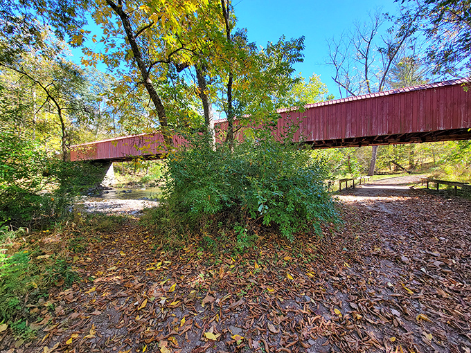 The iconic red-railed bridge at Ralph Stover welcomes hikers like an old friend, promising adventures on the other side of its weathered wooden planks.