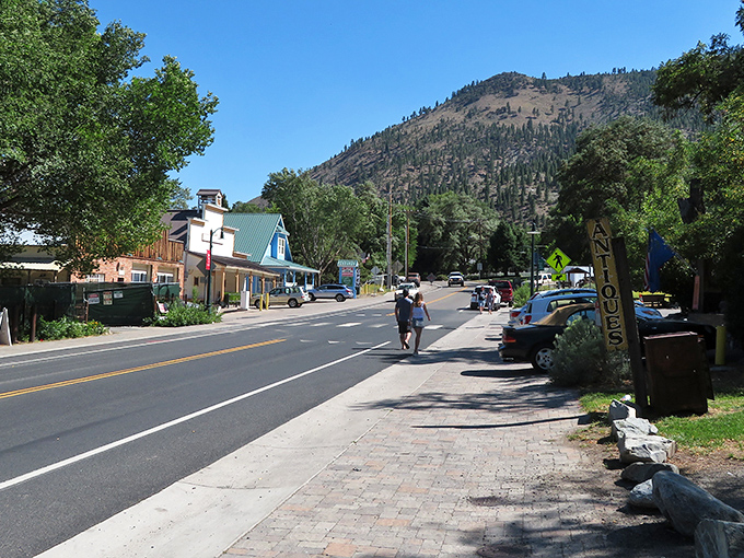 Genoa's main street offers a perfect postcard moment with the Sierra Nevada mountains creating a dramatic backdrop that changes with every season.