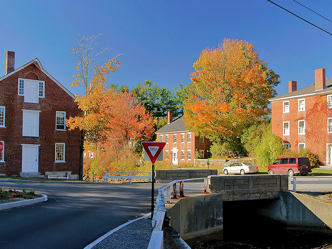 Brick buildings reflected in still waters &ndash; Harrisville's historic district looks like New England decided to show off for a magazine cover shoot.