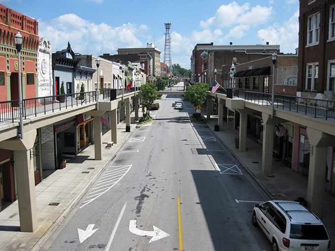 Morristown's downtown skyline showcases its unique overhead walkway system, where history and modern convenience blend like a perfectly mixed Tennessee cocktail.
