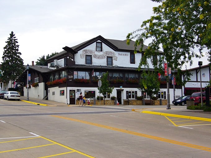 Downtown New Glarus welcomes visitors with its unmistakable Swiss charm, where Alpine architecture meets Midwestern hospitality on every corner.