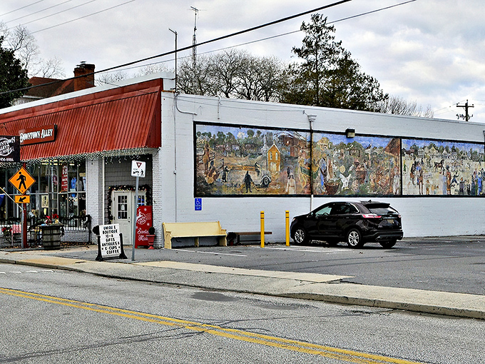 Downtown Bridgeville showcases its artistic soul with a vibrant mural that tells stories of community life against the backdrop of charming storefronts.
