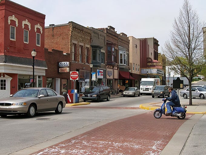 Downtown Wabash looks like Main Street USA got a modern makeover while keeping its vintage soul intact. That blue scooter says it all: life moves at a different pace here.
