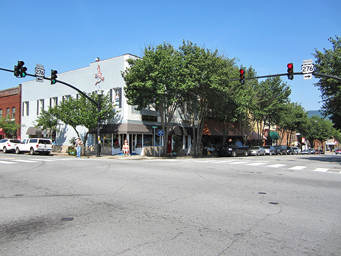 Brevard's Main Street intersection captures small-town America perfectly&mdash;where traffic jams mean three cars waiting at a light and everyone's okay with that.