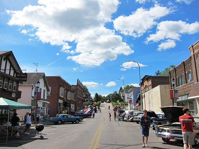 Downtown New Glarus welcomes visitors with its unmistakable Swiss charm, where Alpine architecture meets Midwestern hospitality on every corner.
