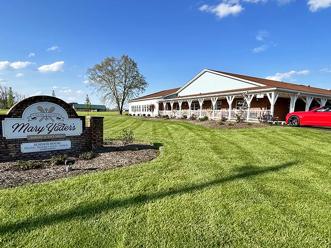 The classic white facade of Mary Yoder's Amish Kitchen stands proudly in Middlefield, where comfort food dreams come true and calories dare not count.