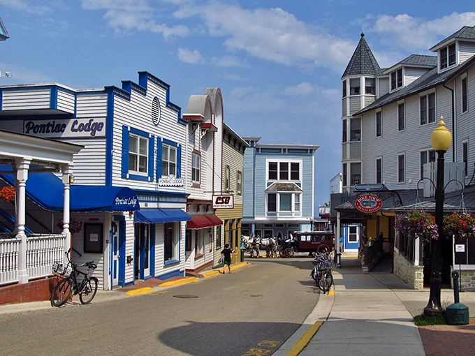Main Street on Mackinac Island looks like a movie set, but it's gloriously real&mdash;complete with Victorian charm and not a single car in sight.