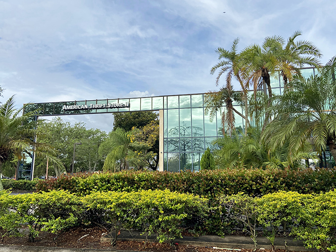 A modernist glass facade that houses treasures within&mdash;American Thrift Store stands like a crystal palace among Lauderhill's palm trees.