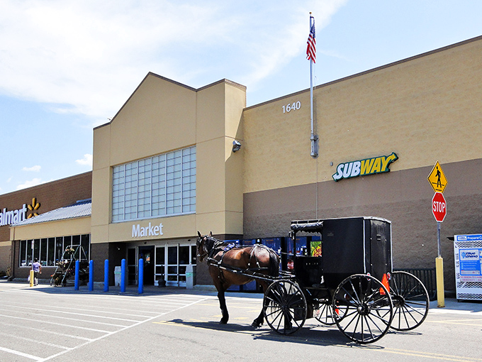 Where worlds collide: An Amish buggy waits patiently outside Walmart, perfectly capturing Millersburg's unique blend of traditional values and modern convenience.