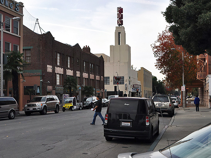 The historic Fox Theater stands sentinel over Pomona's downtown, a gleaming Art Deco beacon guiding treasure hunters to nearby antiquing adventures.