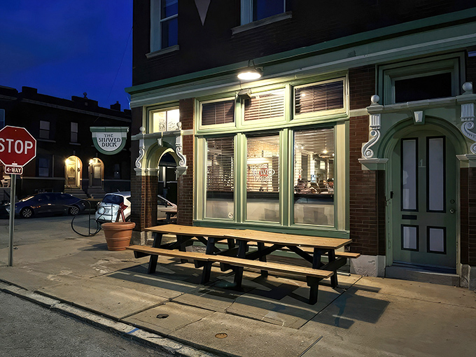 The mint-green trim and classic brick exterior of The Shaved Duck beckons like an old friend with a delicious secret to share.