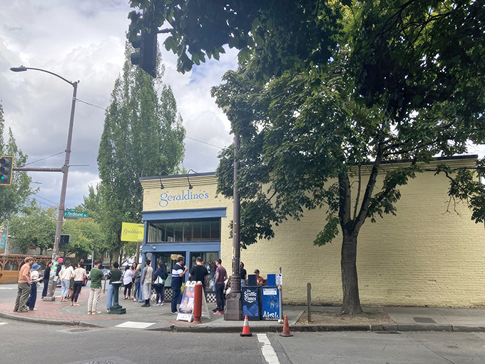 The cheerful blue exterior of Geraldine's Counter brightens up Columbia City's streetscape like a culinary lighthouse guiding hungry travelers home.