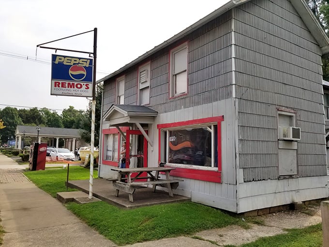 The unassuming exterior of Remo's Italian Hotdogs stands as a testament to the timeless truth: the most memorable meals often hide in the humblest buildings.