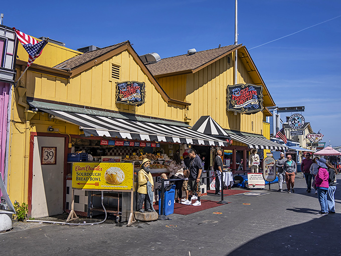 The sunshine-yellow exterior of Old Fisherman's Grotto stands out on Monterey's Fisherman's Wharf like a culinary lighthouse beckoning hungry travelers home.