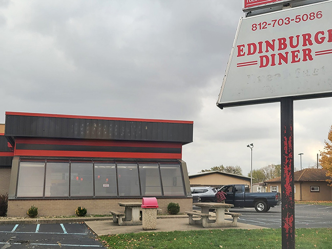 The classic roadside sign promises exactly what Indiana craves: honest food served all day. No pretension, just the promise of satisfaction.