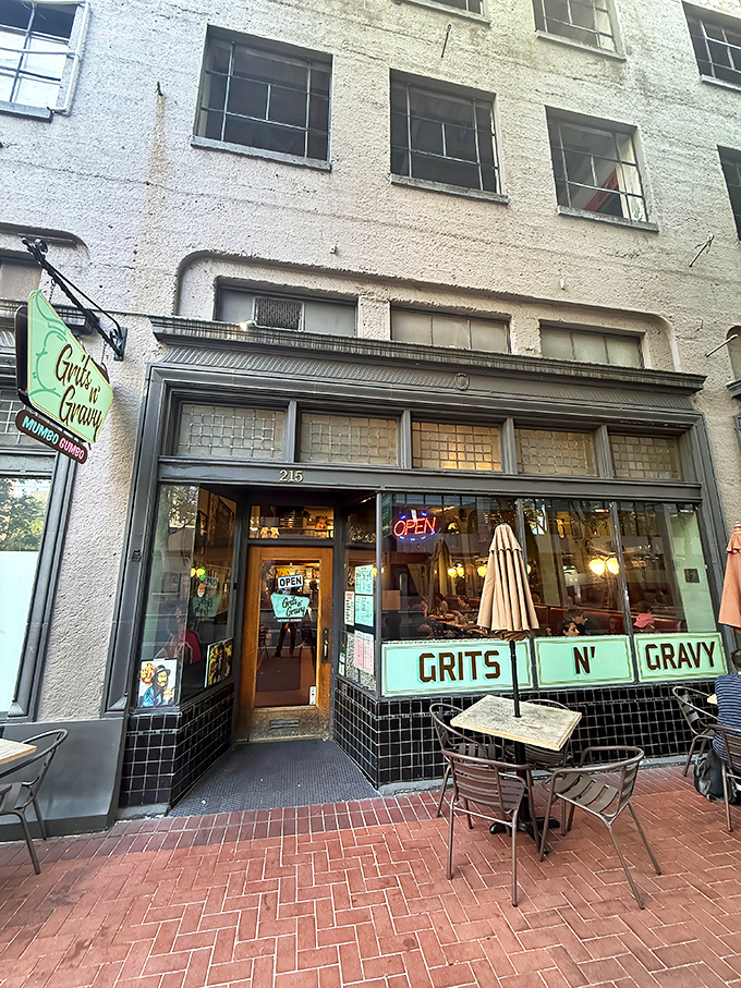 The mint-green storefront of Grits N' Gravy beckons like a Southern siren song in the heart of Portland. Brick sidewalks and outdoor seating complete this urban comfort food oasis.