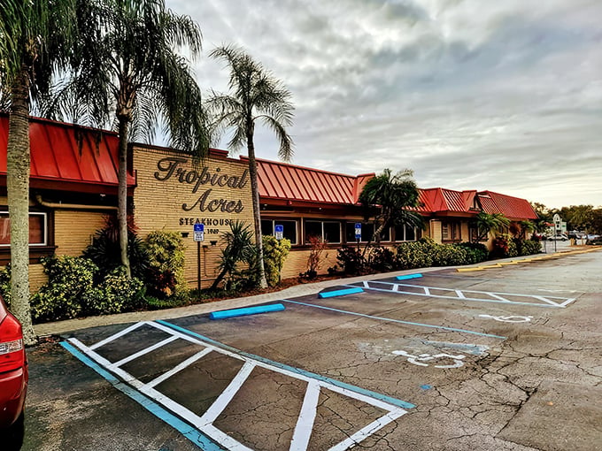 Tropical Acres stands proudly amid swaying palms, its modest exterior belying the culinary treasures within. Old Florida charm at its finest.