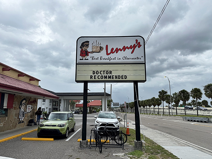 The unassuming exterior of Lenny's Restaurant in Clearwater hides culinary treasures within. That red-trimmed awning might as well be a superhero cape.