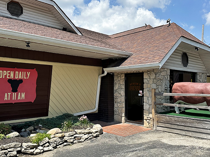 The unassuming exterior of Bynum's Steakhouse proves the old adage: never judge a restaurant by its stone facade. Culinary treasures await inside! 
