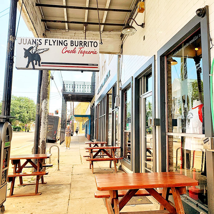 The iconic winged burrito mascot welcomes hungry pilgrims to this Magazine Street gem, where outdoor seating beckons on perfect New Orleans afternoons.