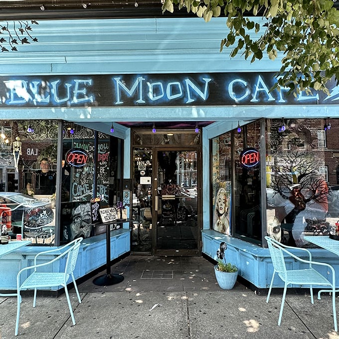The unmistakable blue facade of Blue Moon Too stands out like a cosmic beacon in Baltimore's Fell's Point, promising breakfast adventures beyond the ordinary.