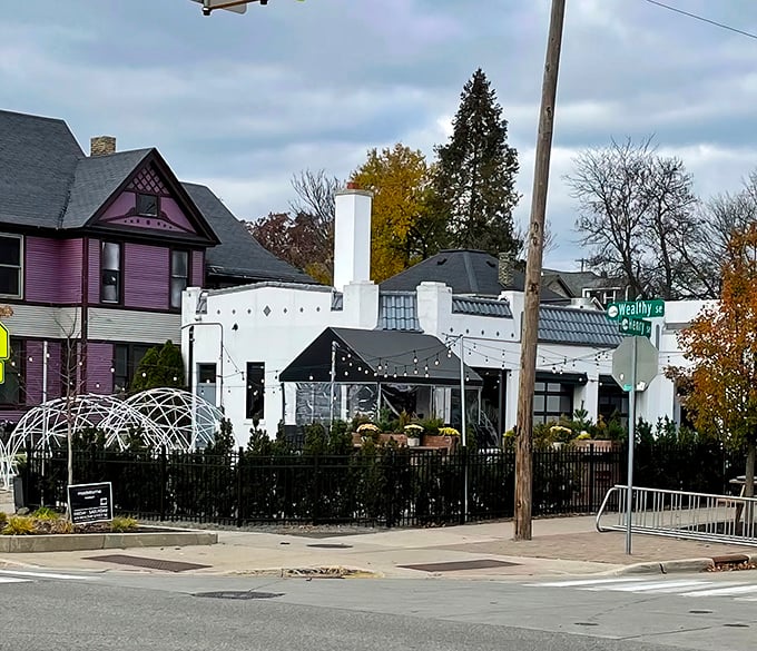 The patio paradise at Donkey Taqueria sits beneath string lights, with the iconic purple Victorian house creating a perfect backdrop for your taco-fueled evening.