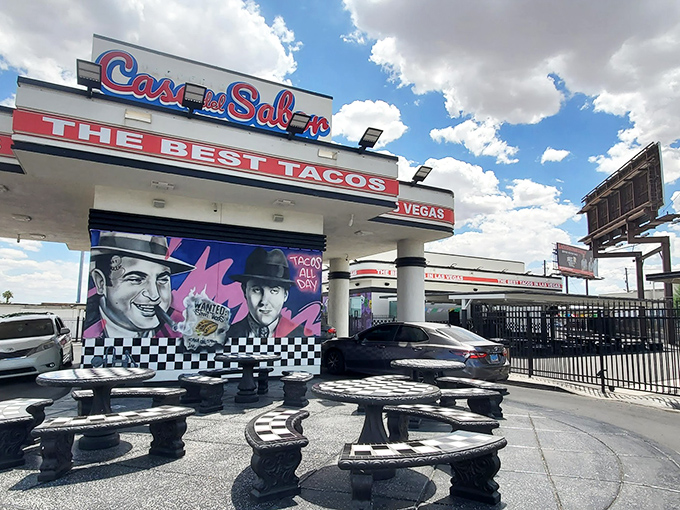 The retro-futuristic architecture of Casa del Sabor stands out like a beacon of hope for hungry travelers. Vegas knows good tacos don't need neon to shine.