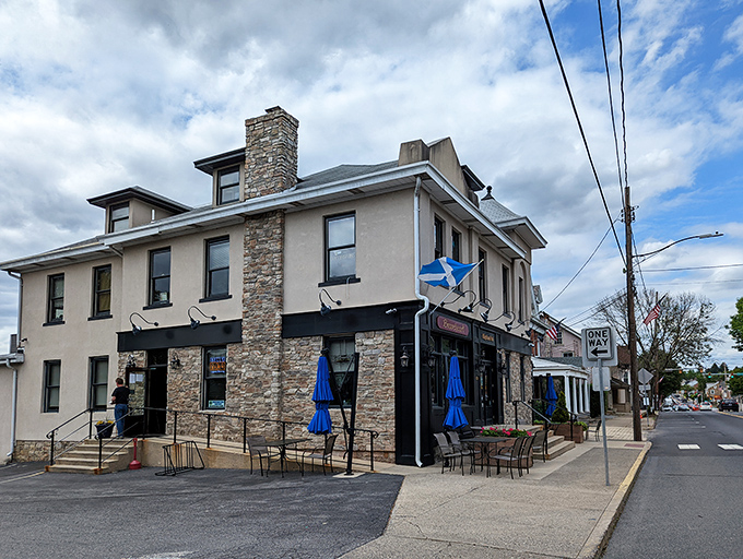 The stately facade of Braveheart Highland Pub stands proudly on Hellertown's Main Street, a slice of Scotland that somehow found its way to Pennsylvania.