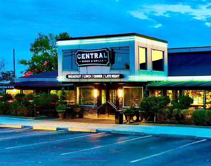 The modern diner facade gleams like a beacon of comfort food promise. Pittsburgh's Central Diner & Grille stands ready to welcome hungry souls day or night.